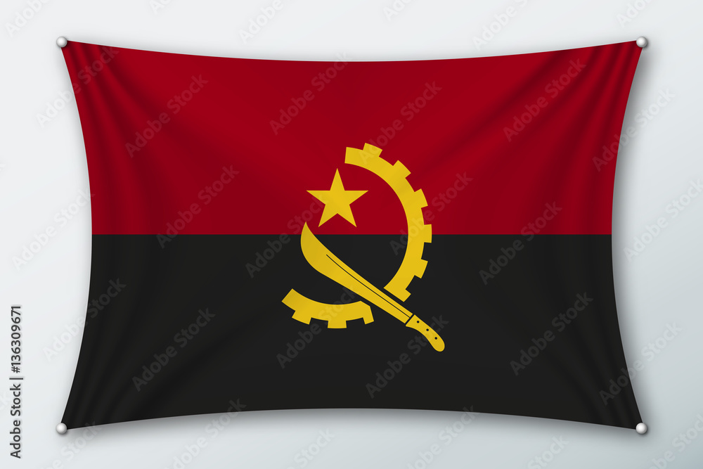 Angola national flag. Symbol of the country on a stretched fabric with ...
