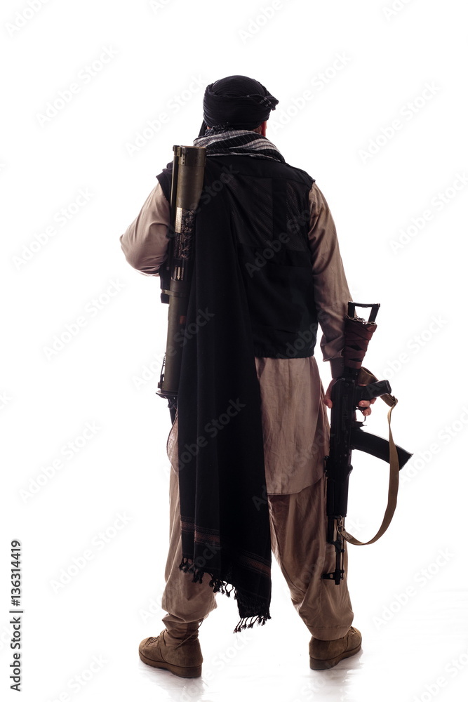 man in military outfit warrior Mujahedin in modern times on a white ...