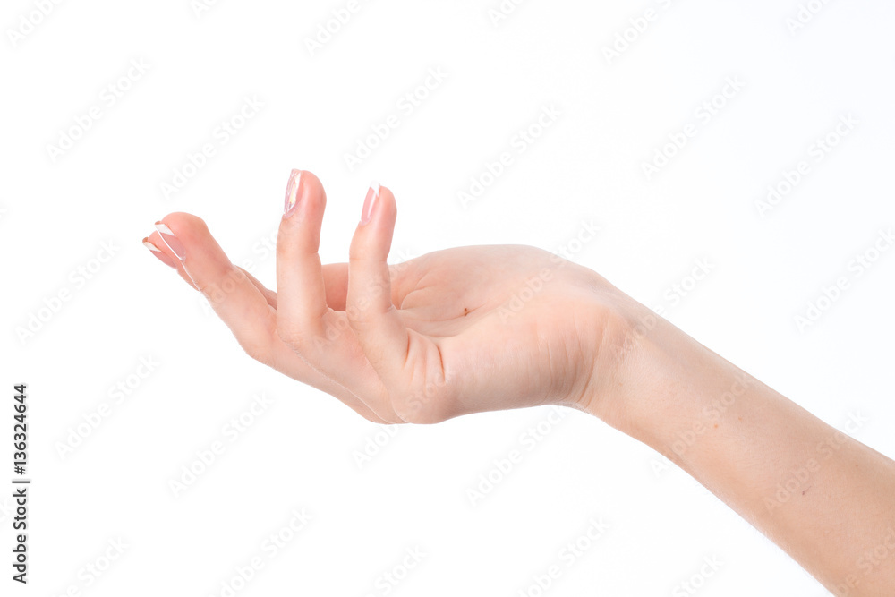 female hand showing the gesture with upraised palms up and fingers ...