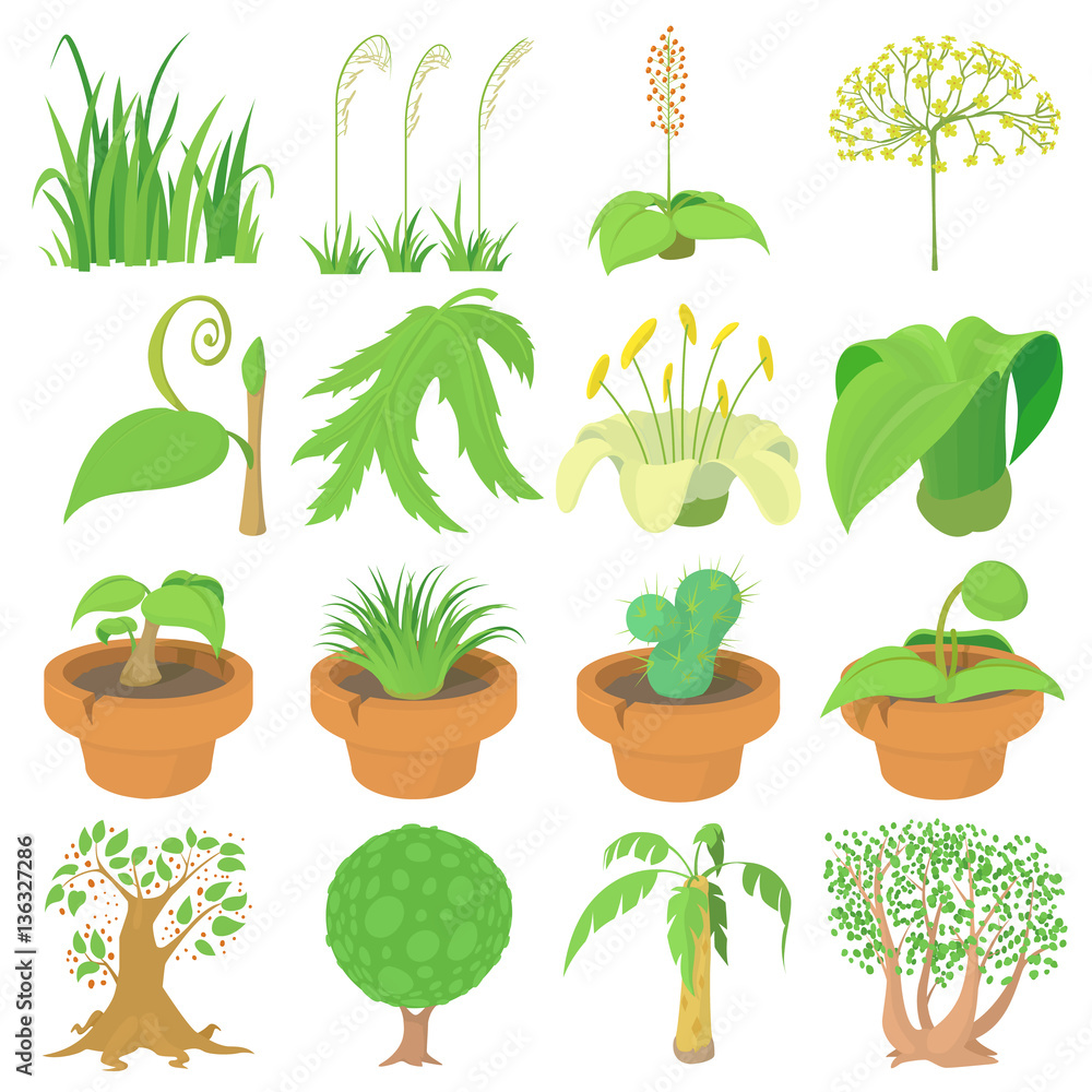 Nature green symbols icons set, cartoon style Stock Vector | Adobe Stock