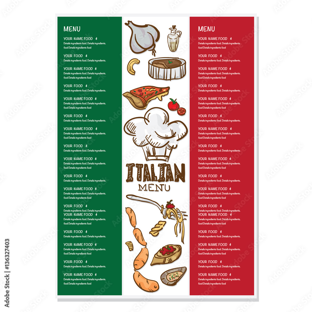 italian foods menu drawing graphic design objects template Stock Vector ...
