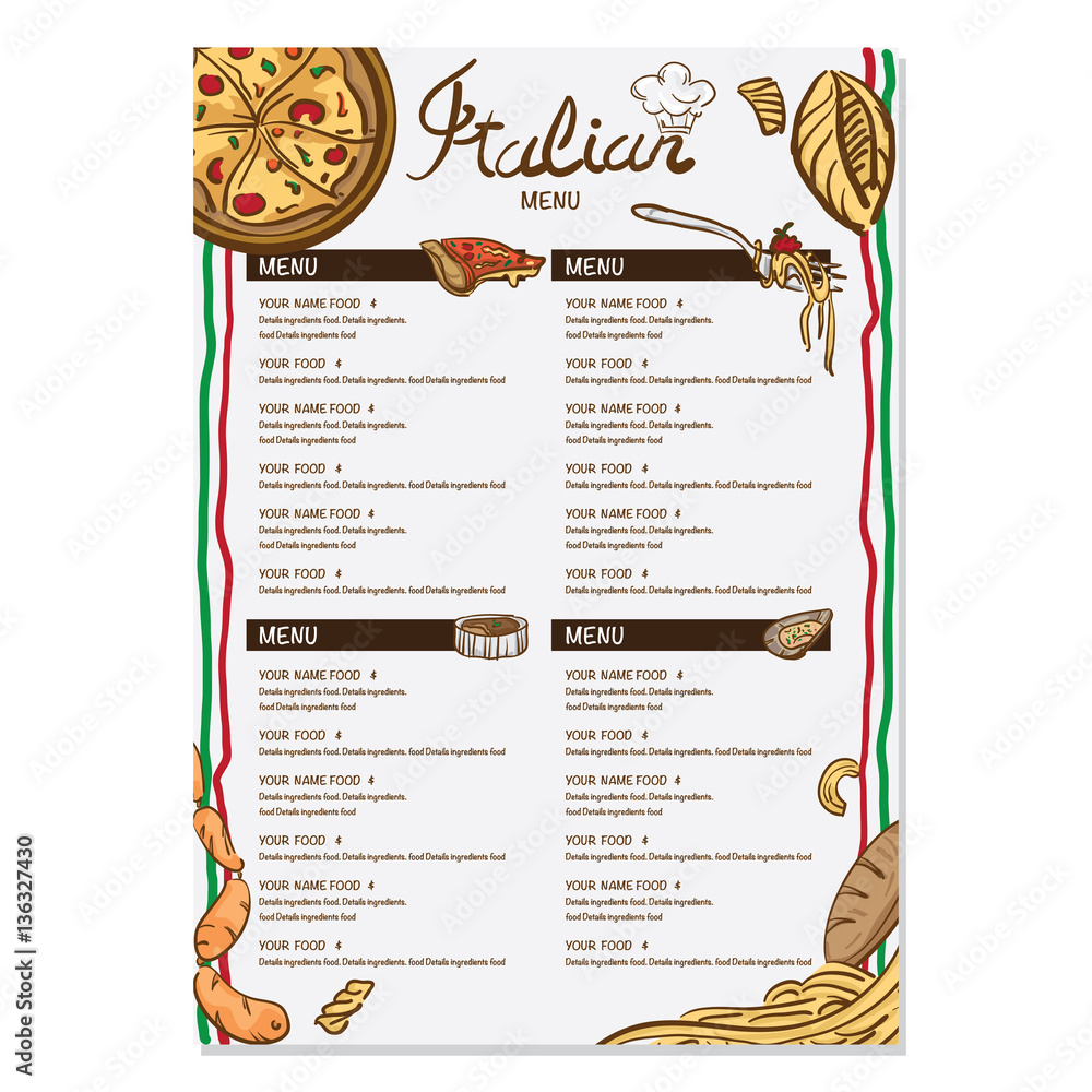italian foods menu drawing graphic design objects template Stock Vector ...