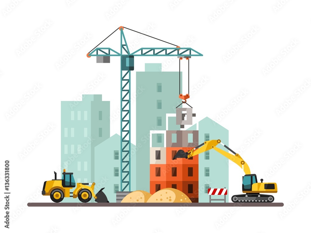 Building work process with houses and construction machines. Vector ...