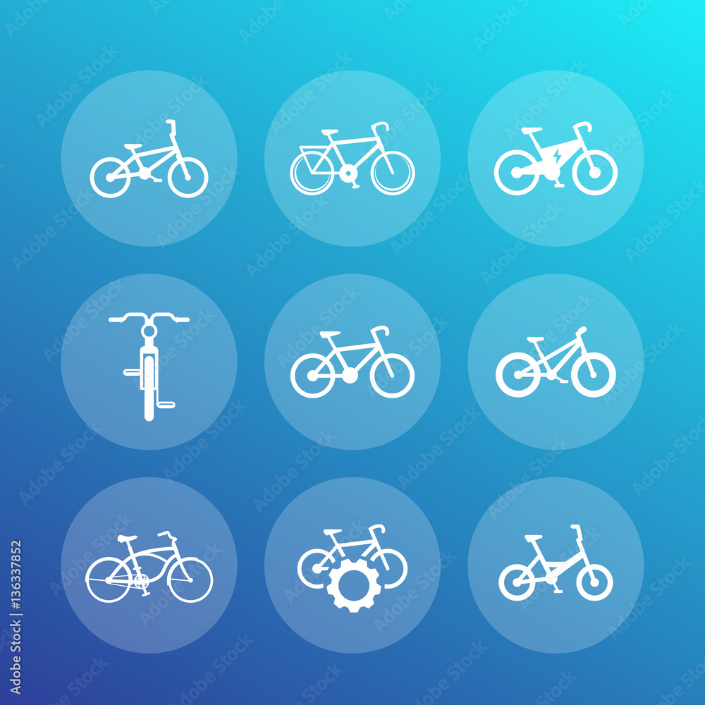 bicycles, cycling, bikes icons set, round transparent pictograms Stock ...