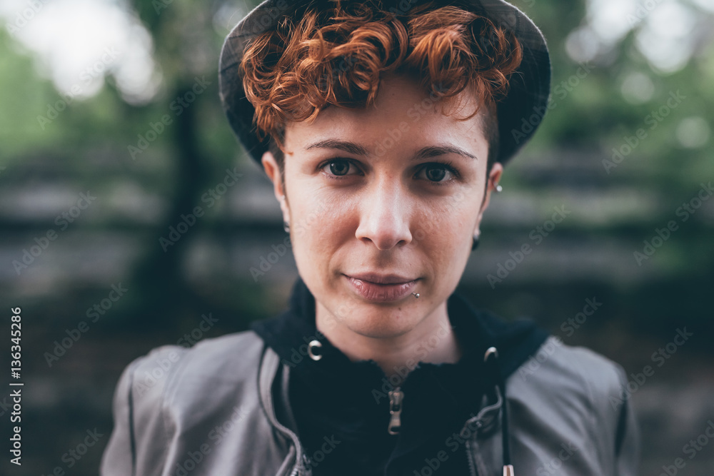 Portrait Of Young Beautiful Lesbian Redhead Woman Looking At Camera Pensive Serious Serene