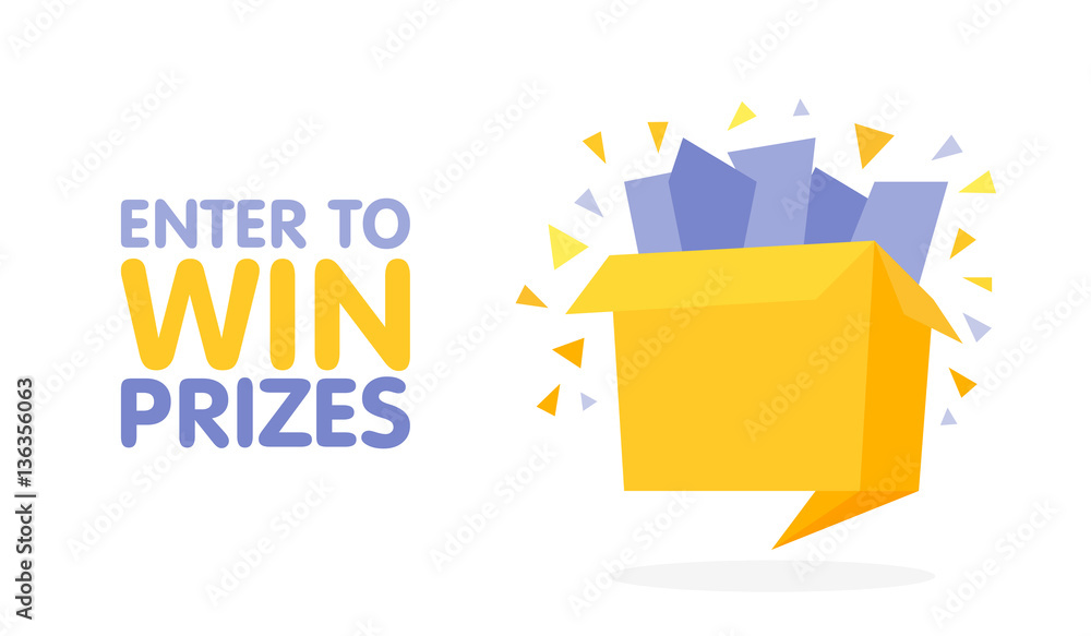 Enter to win prizes gift box. Cartoon origami style vector illustration ...