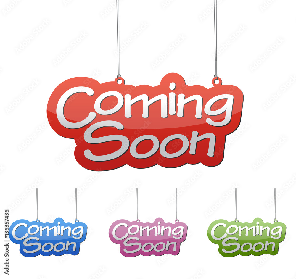 Set vector illustrations isolated tag banner coming soon in four color ...