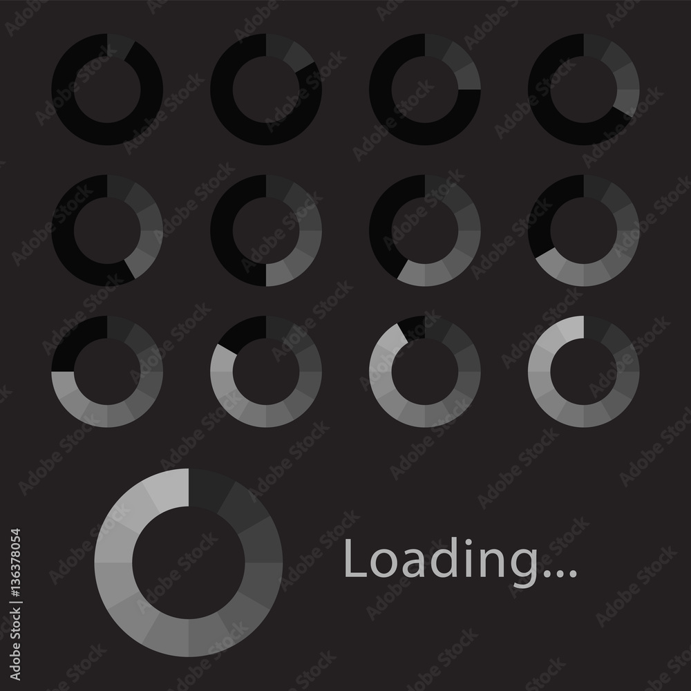 Circular loading sign, isolated on black background, vector ...