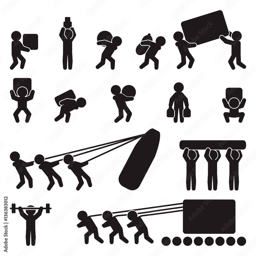 People icon set. People carrying and lifting heavy load. Vector. Stock ...