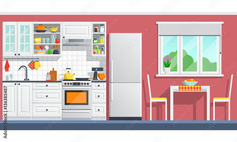 Kitchen interior with table, stove, cupboard, dishes and fridge. flat ...
