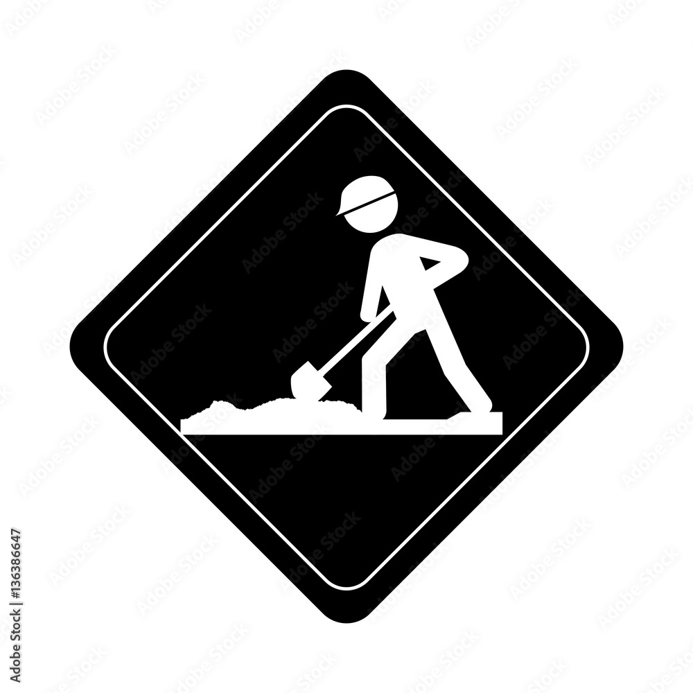 monochrome road sign pictogram with man with shovel vector illustration ...