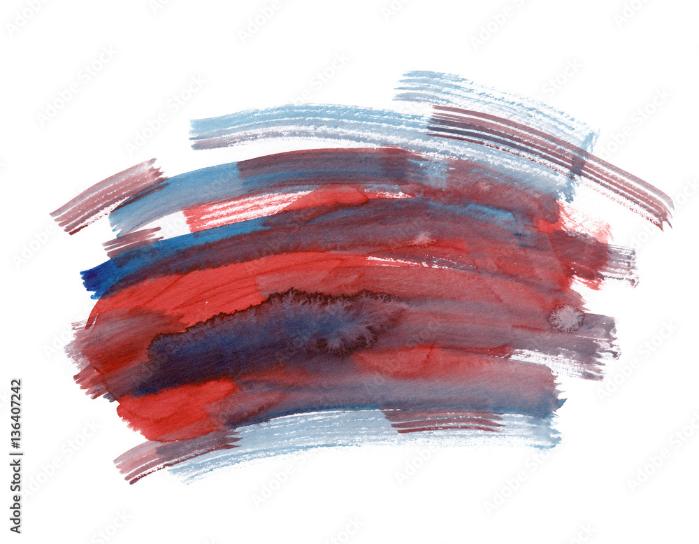 Red and dark blue brush strokes painted in watercolor on clean white ...