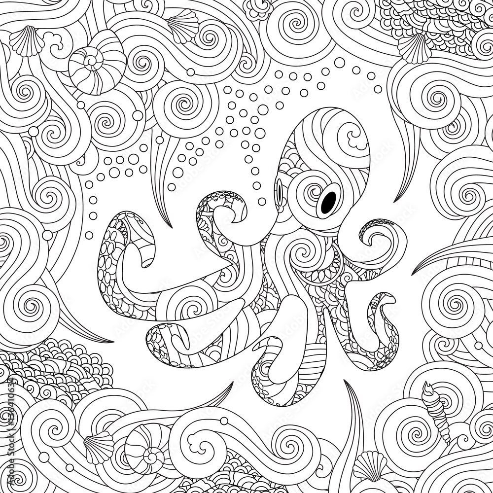 Coloring page with ornate octopus isolated on white background. Stock ...
