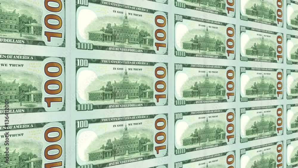 Reverse side of new 100 dollar bills moving from right to left in ...