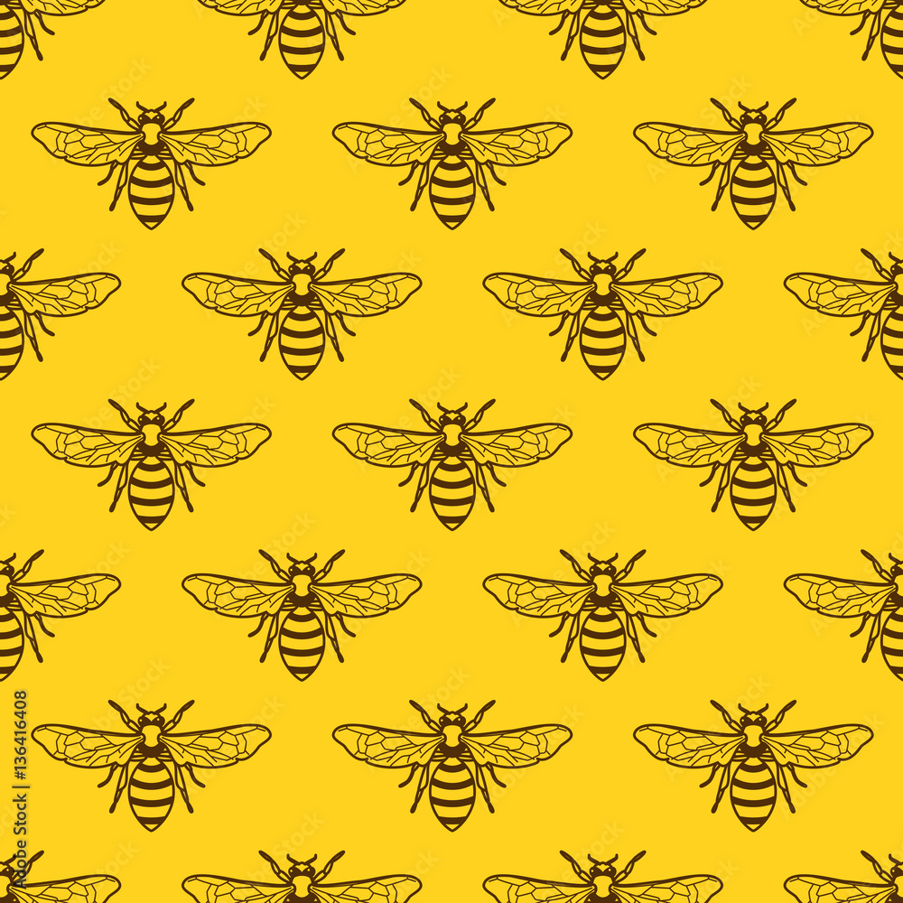 Vector seamless yellow pattern with outline bee. Organic honey ...