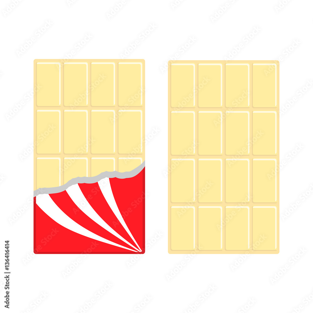 White chocolate bar icon set. Opened red wrapping paper foil. Tasty ...