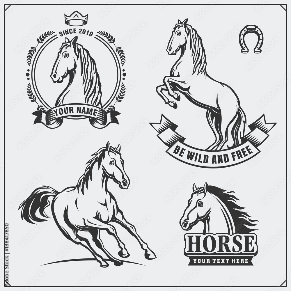 Horse heraldry coat of arms. Labels, emblems and design elements for ...