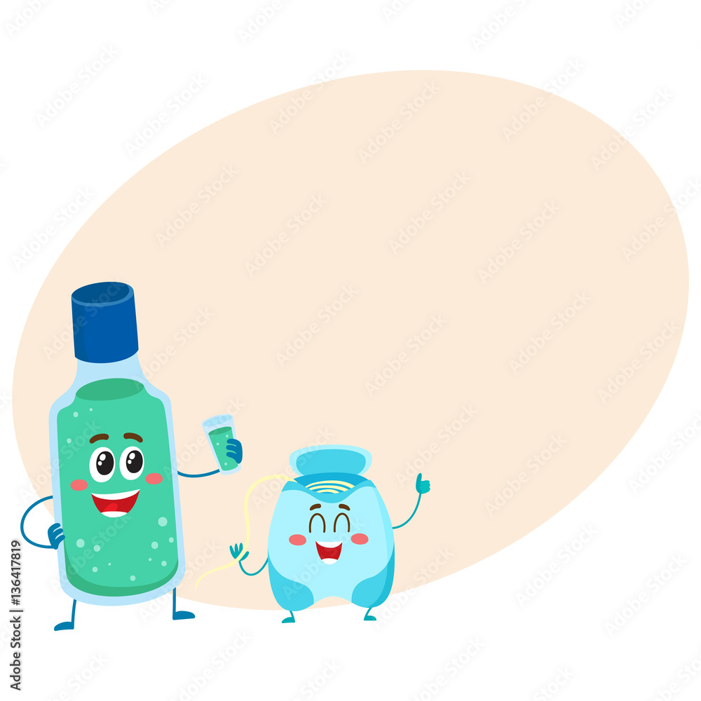 Funny dental floss and mouthwash, mouth rinse character, teeth care ...