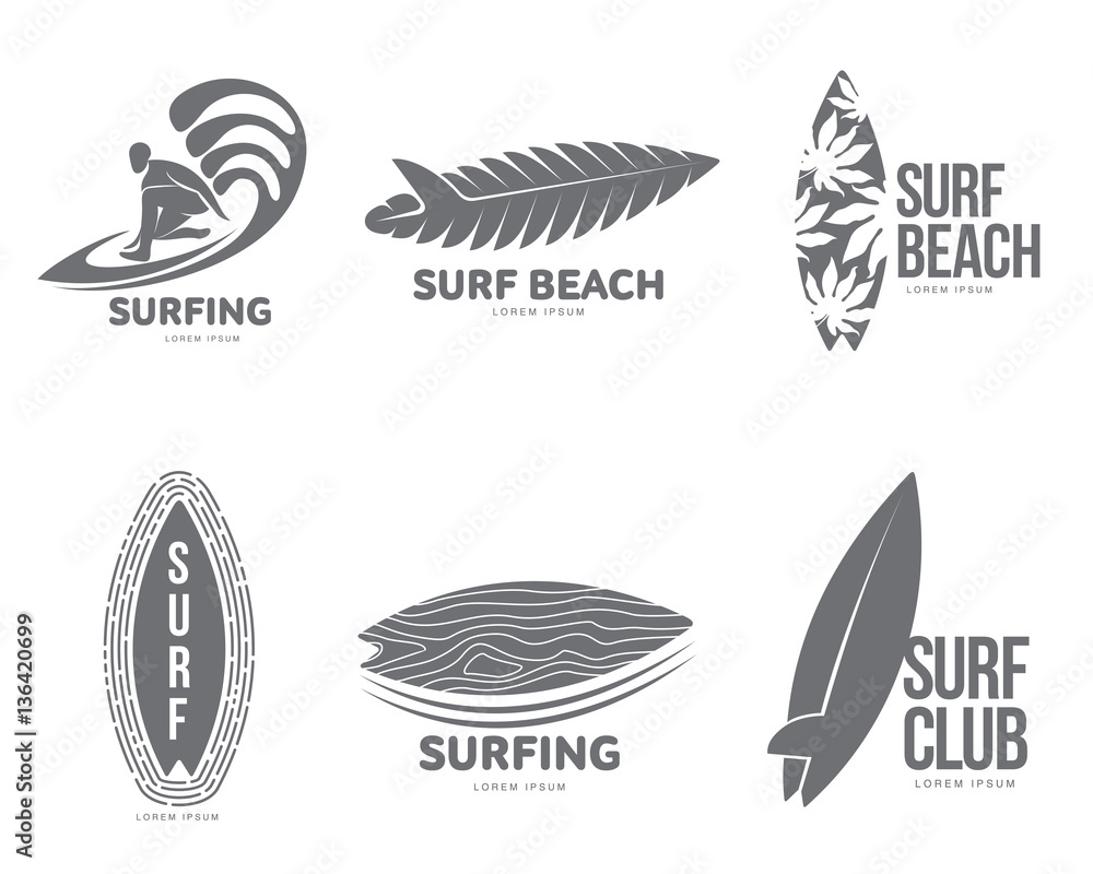 Set of black and white graphic surfing logo templates with surfer and ...