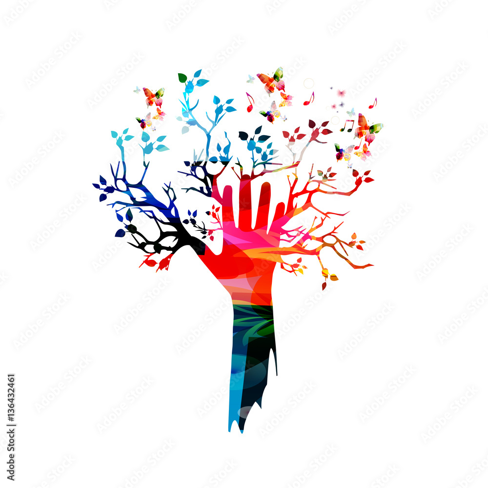 Colorful human hand with tree and butterflies vector illustration Stock ...
