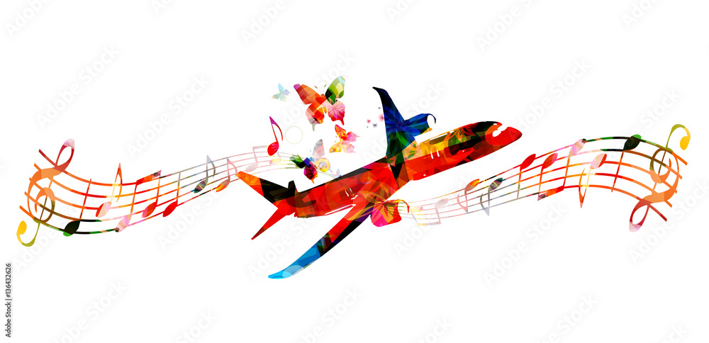 Colorful airplane with music notes and butterflies vector illustration ...