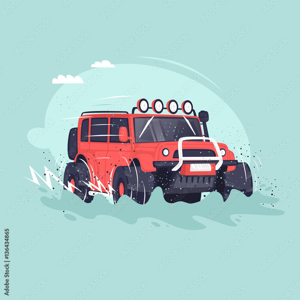 Off-road. Competitions on Suvs. Flat vector illustration in cartoon ...