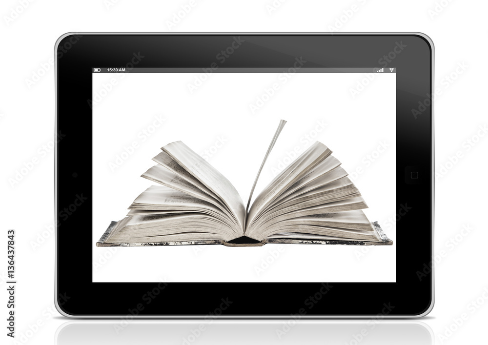 Book and tablet computer. Ebook concept. Reading books on PC tab foto ...