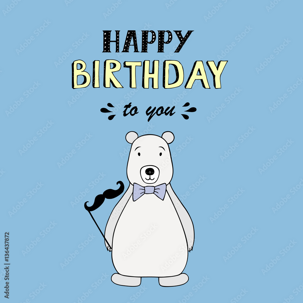 Happy Birthday vector lettering, party illustration with polar bear ...
