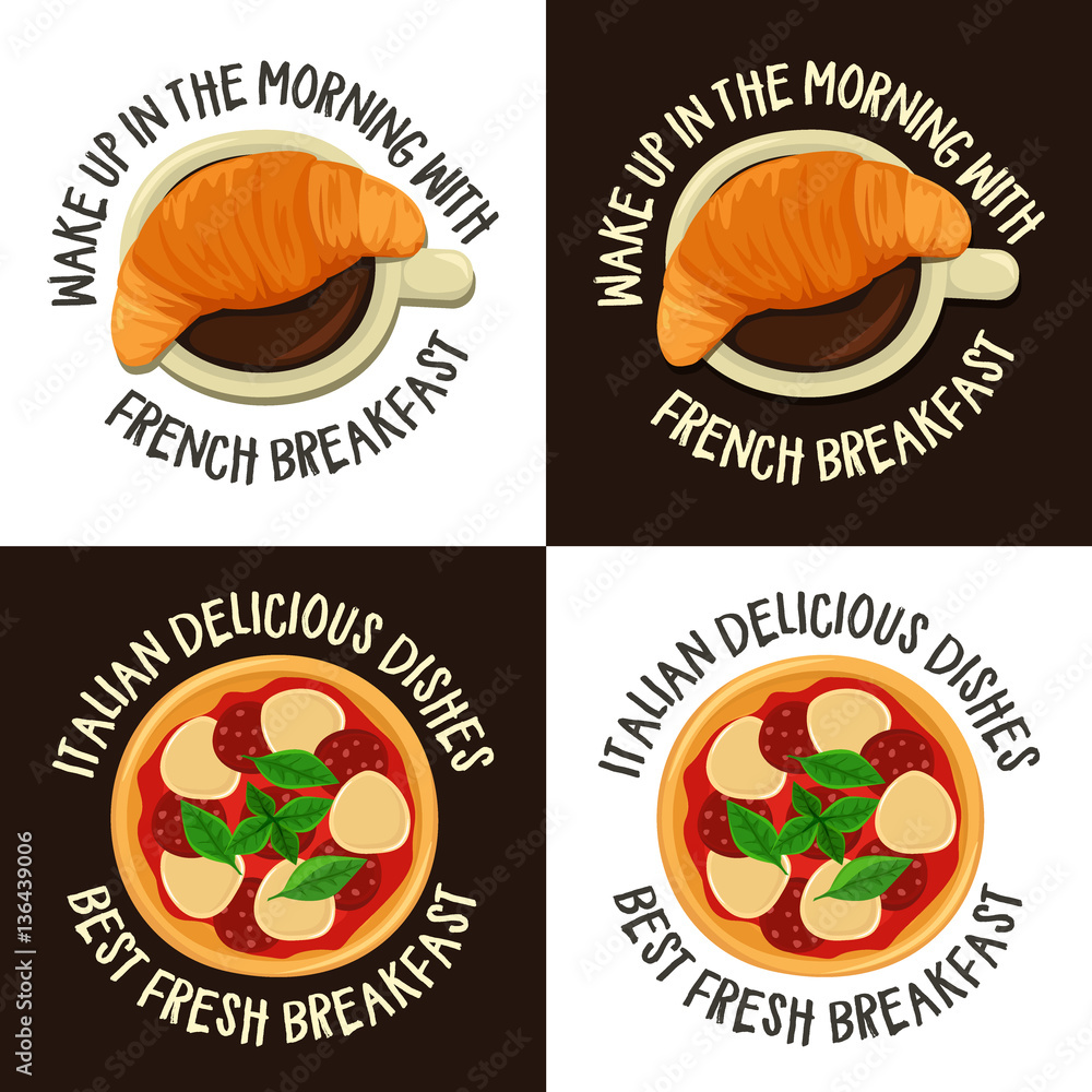 Set of colourful labels with french and italian breakfast. Vector ...
