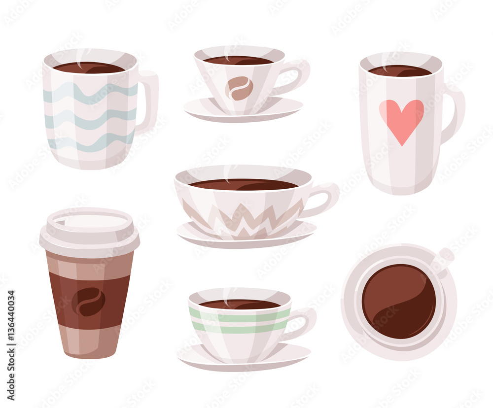 Set of Cartoon Style Coffee Cup. Vector Illustration Hand Drawn ...