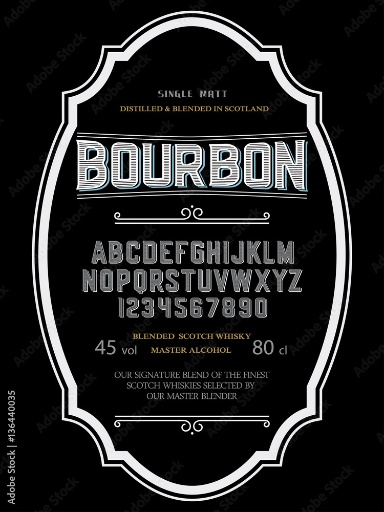 Typeface. Label. Bourbon typeface, labels and different type designs ...