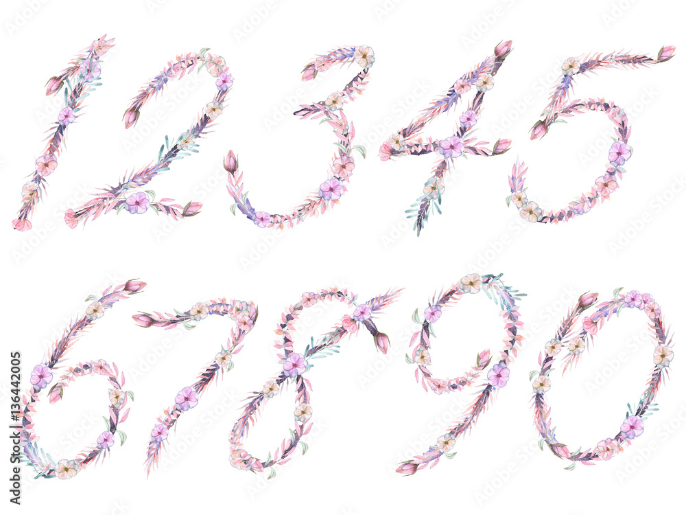 Set of numbers of watercolor pink and purple flowers, isolated hand ...