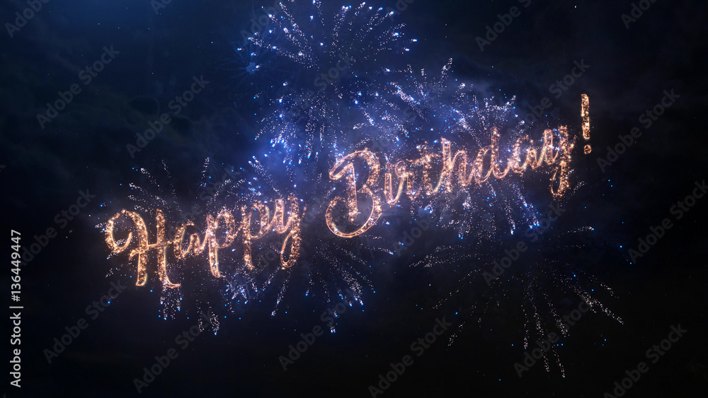 Happy birthday celebration greeting text with particles and sparks on ...
