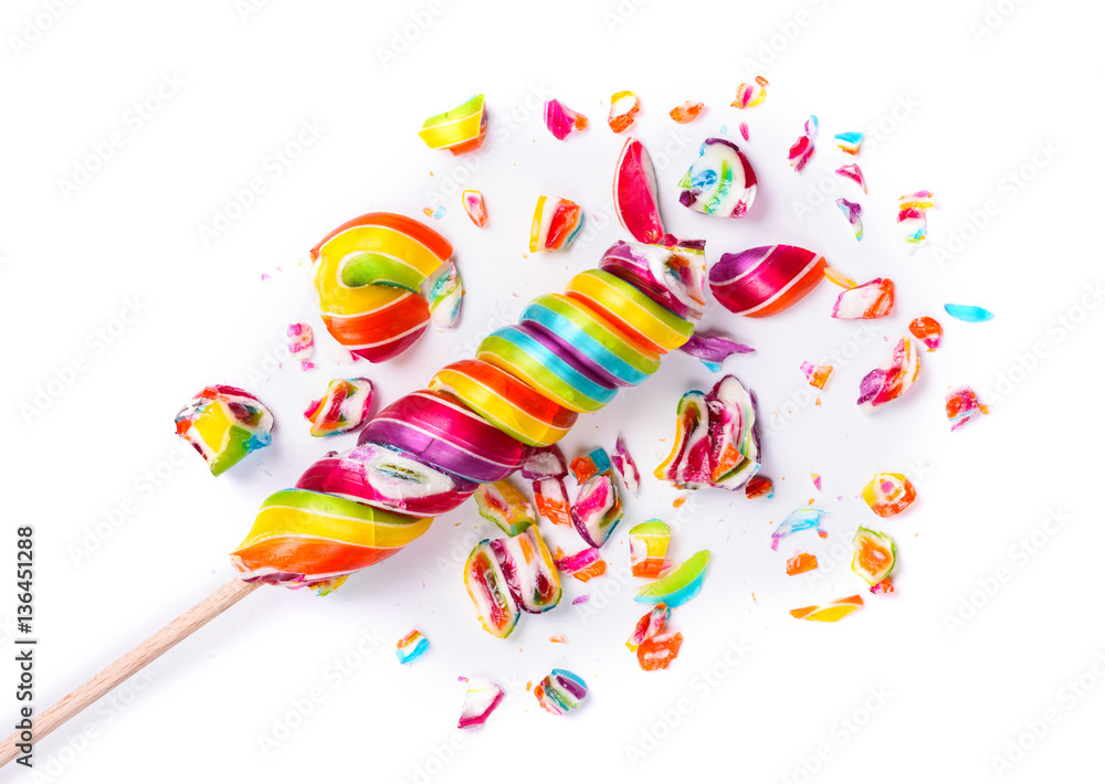 Shiny rainbow colorful crushed sweet candy lollipop isolated on white ...