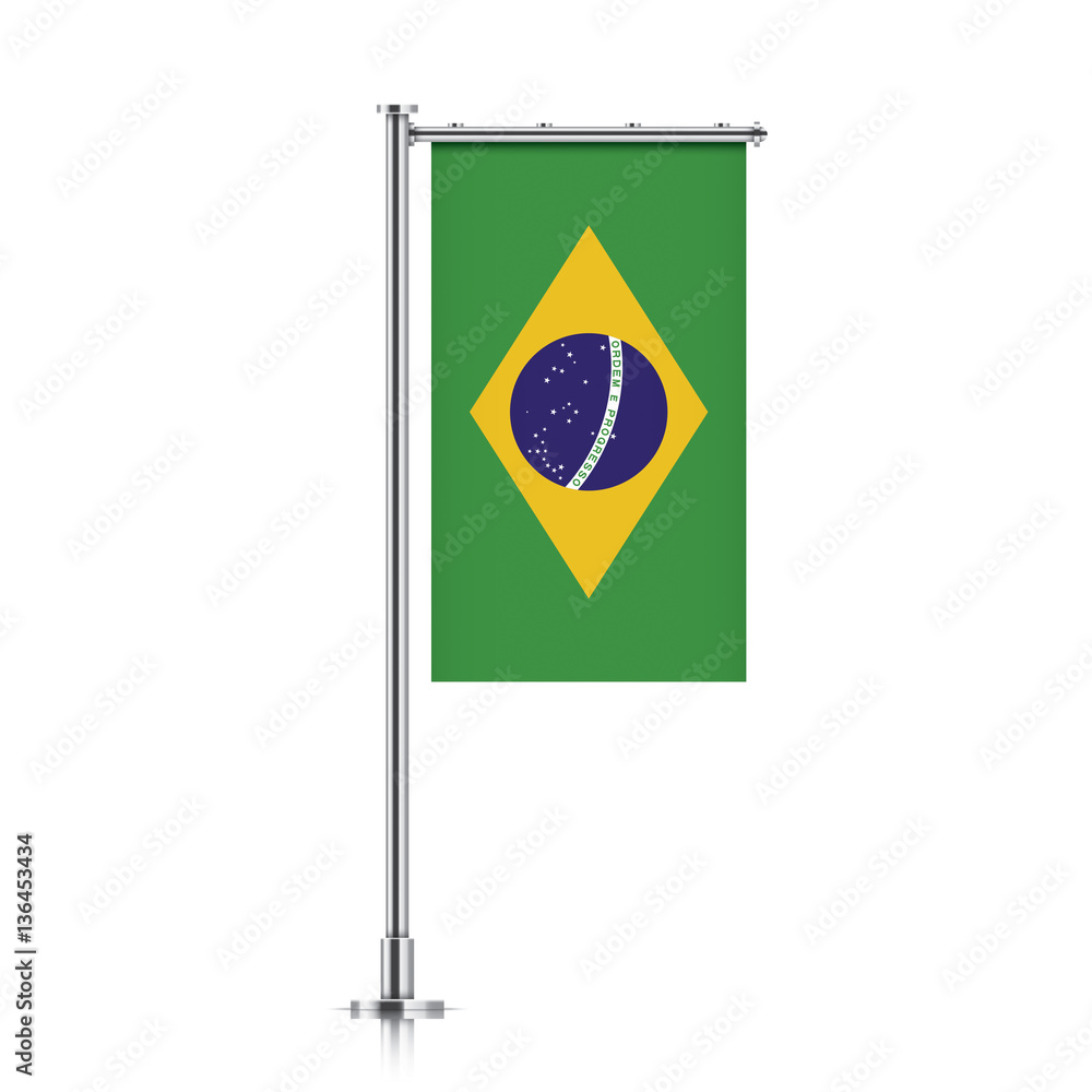 Brazil vector banner flag hanging on a silver metallic pole. Vertical ...