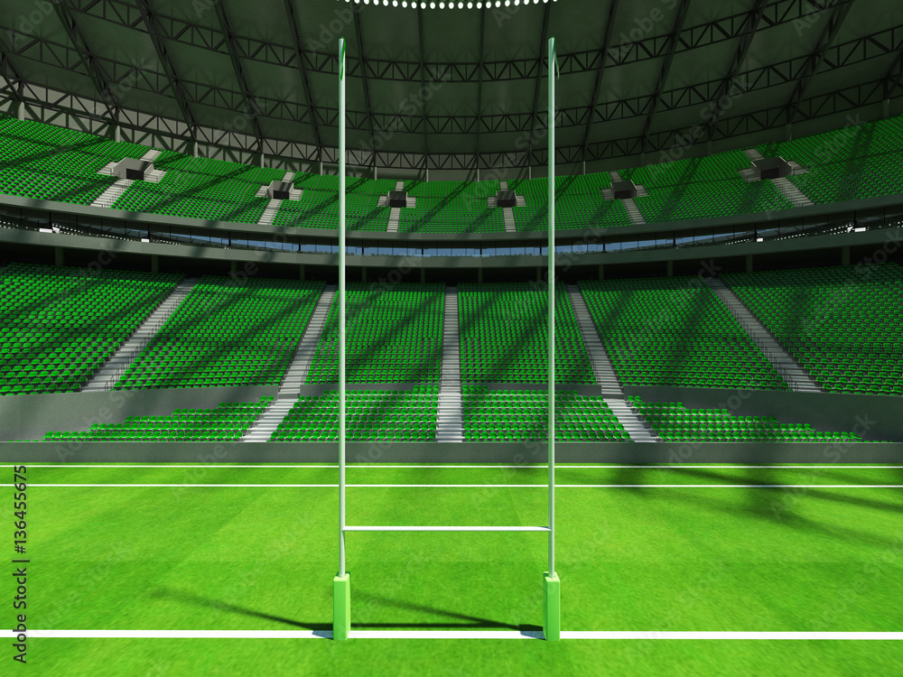 3D render of a round rugby stadium with green seats and VIP boxes Stock ...