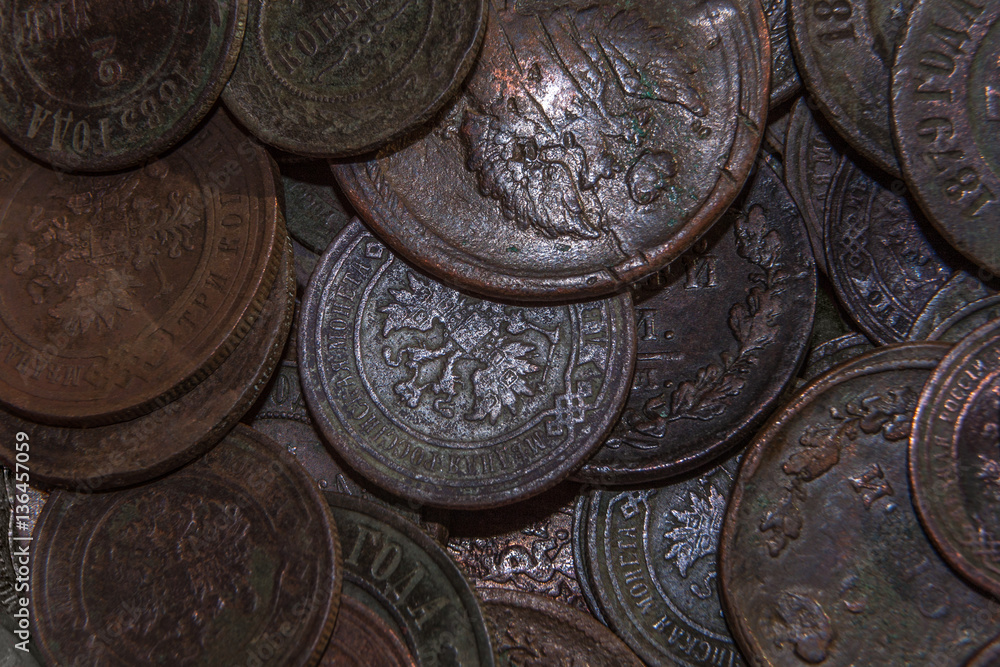 ancient copper coins of a half-ear of the eighteenth century in strong ...