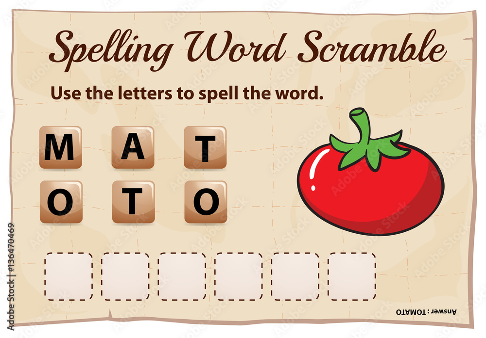 Spelling word scramble game template with tomato Stock Vector | Adobe Stock