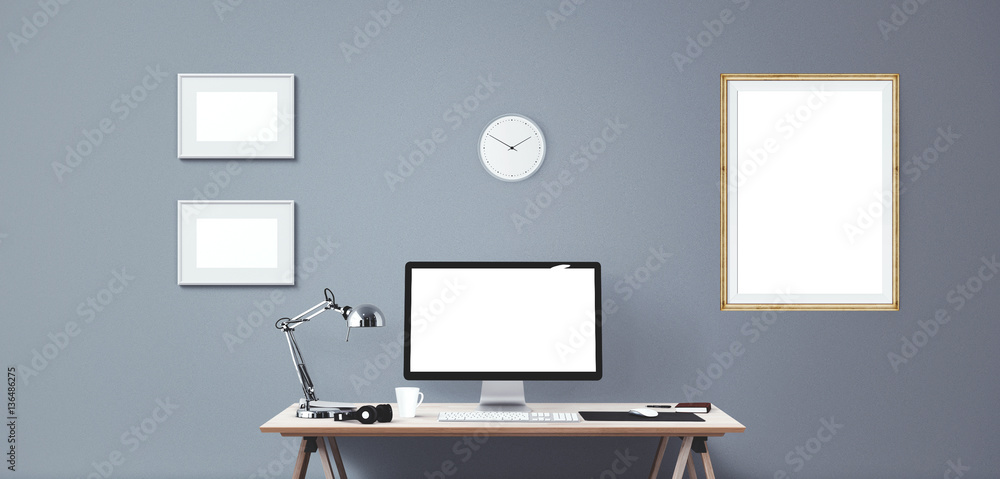 Computer display and office tools on desk. Desktop computer screen ...