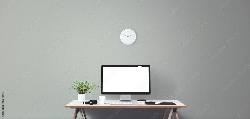 Computer display and office tools on desk. Desktop computer screen ...