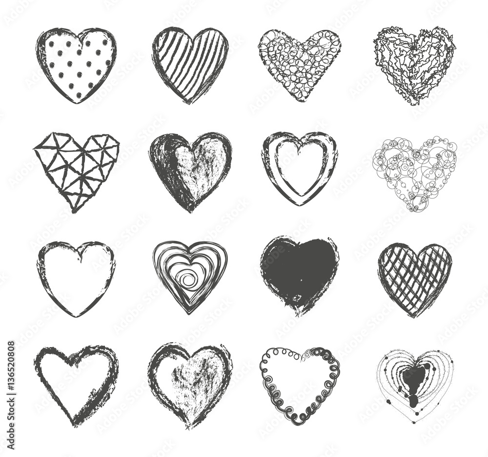 Valentines day hearts set vector. Hand drawn black and white love ...