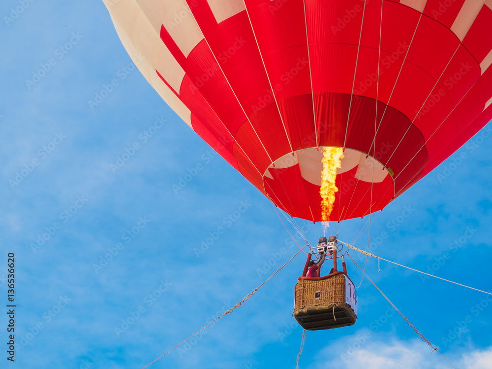 colorful of Hot air balloon with fire and dark blue sky background in ...