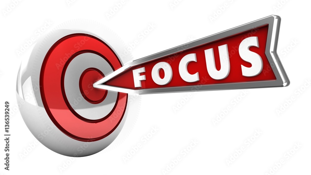 3d illustration of focus arrow with round target over white background ...