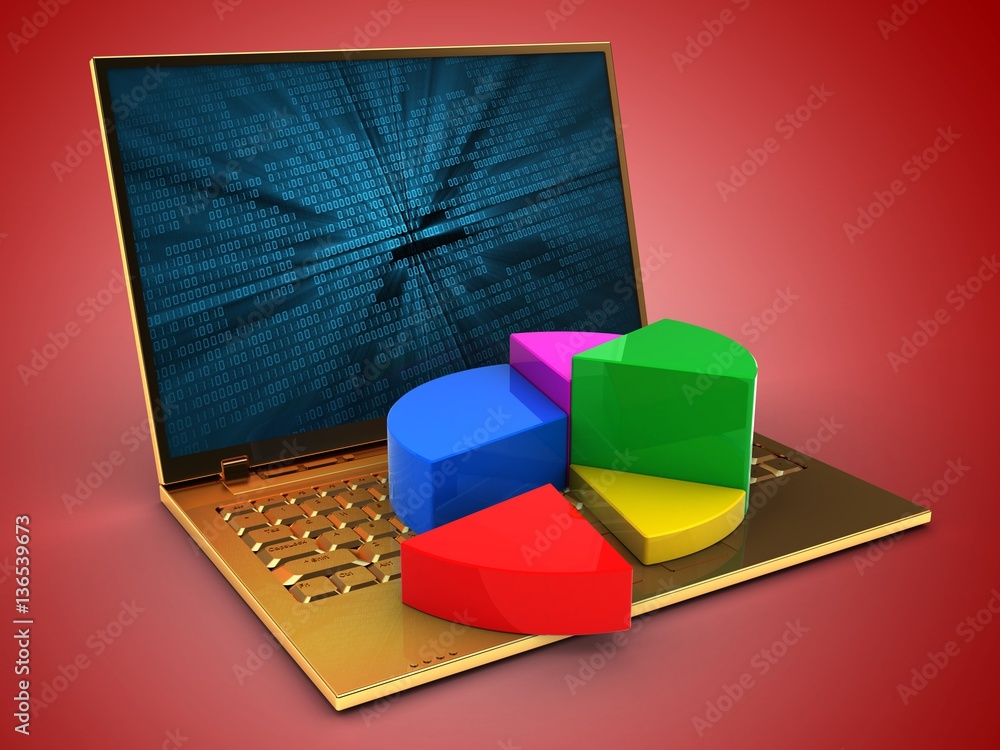 3d illustration of golden computer over red background with binary data ...