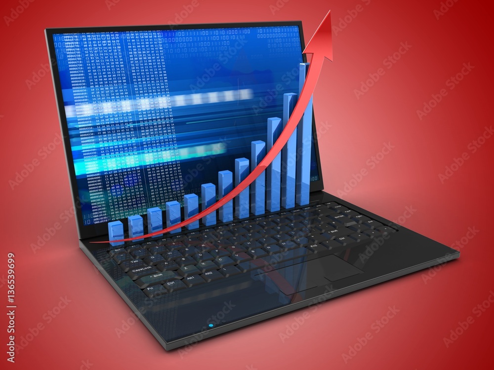3d illustration of laptop computer over red background with digital ...