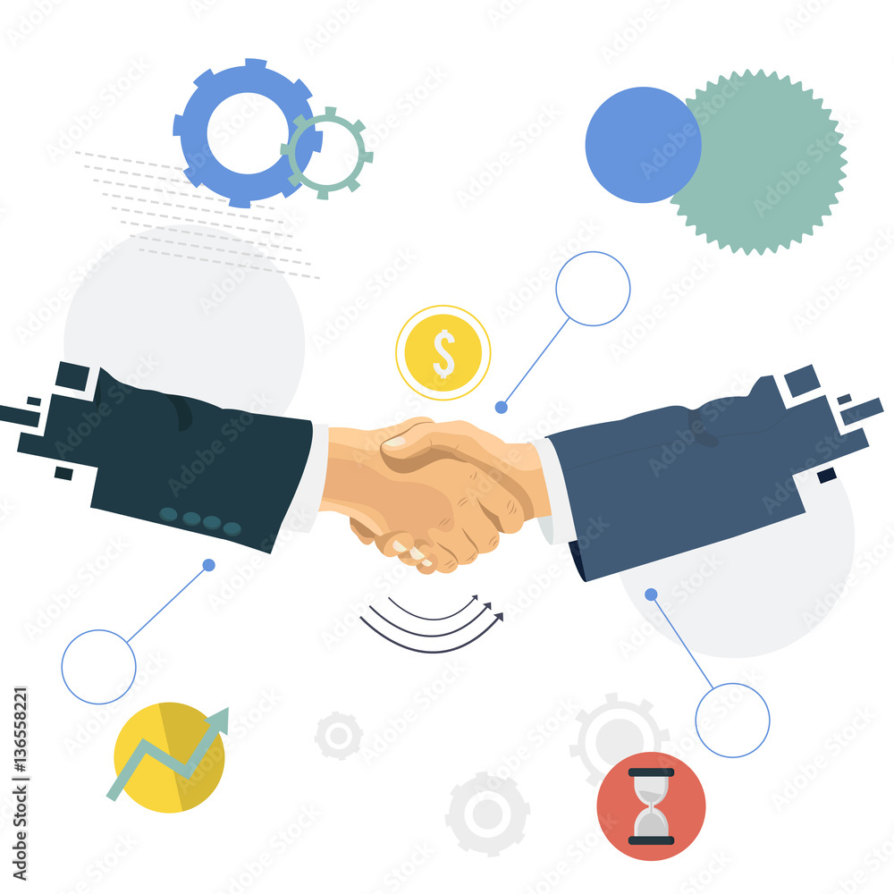 Shaking hands business vector illustration. Business items on ...