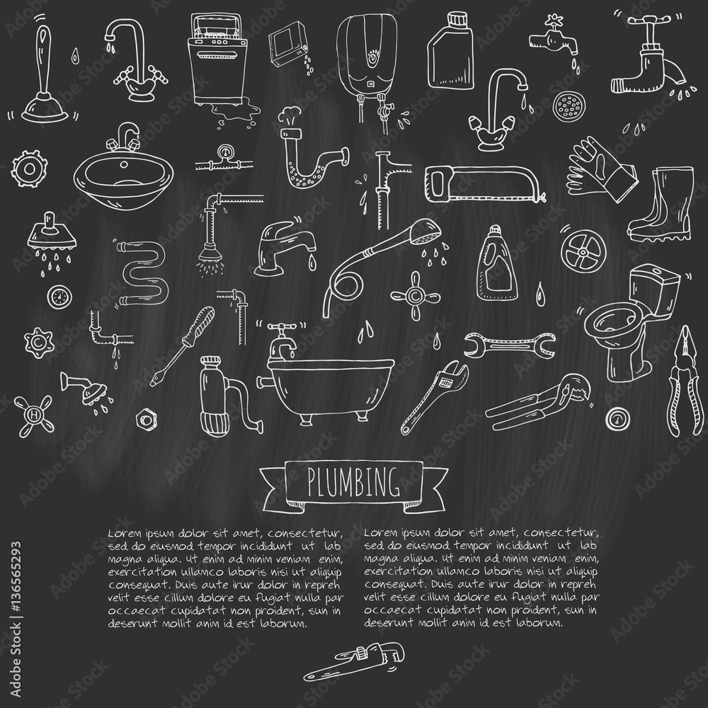 Hand drawn doodle Plumbing icons set. Vector illustration. Plumber ...