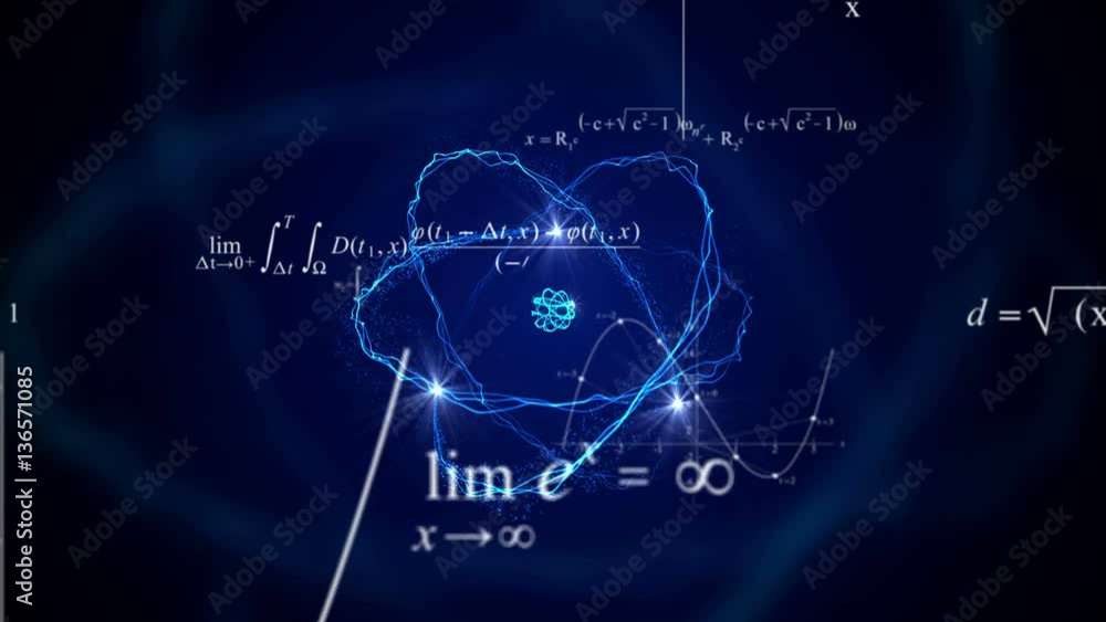 Flying math formulas looped animated abstract background. Atom model ...