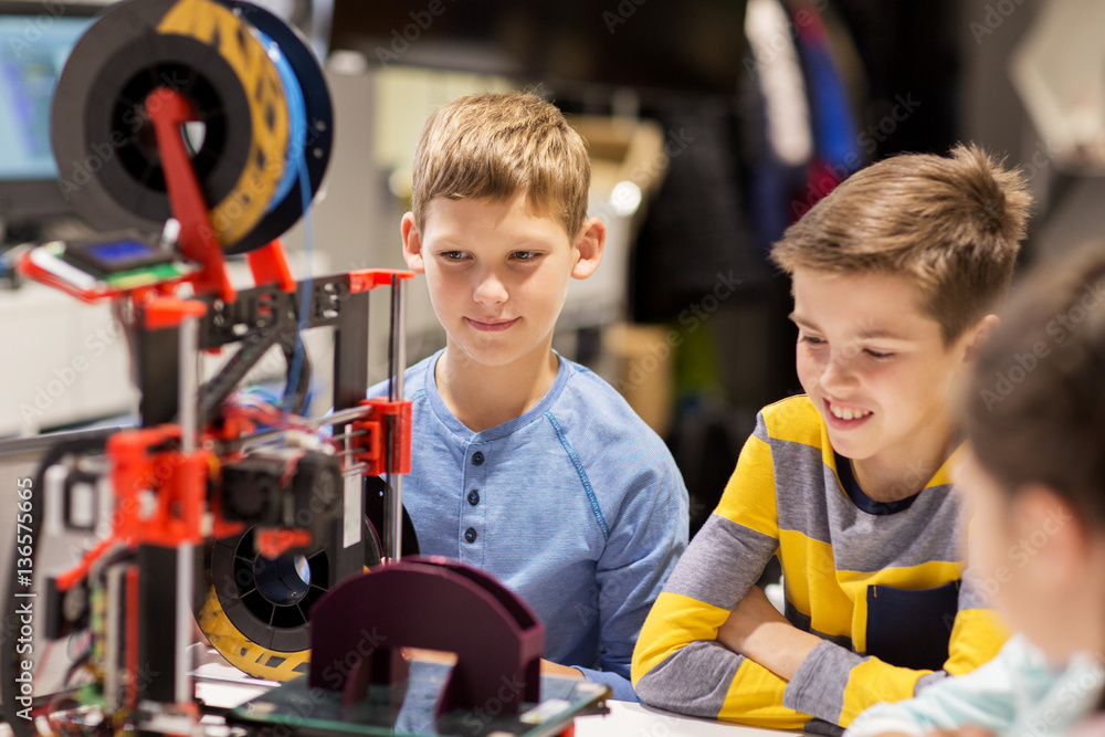 happy children with 3d printer at robotics school Stock Photo | Adobe Stock