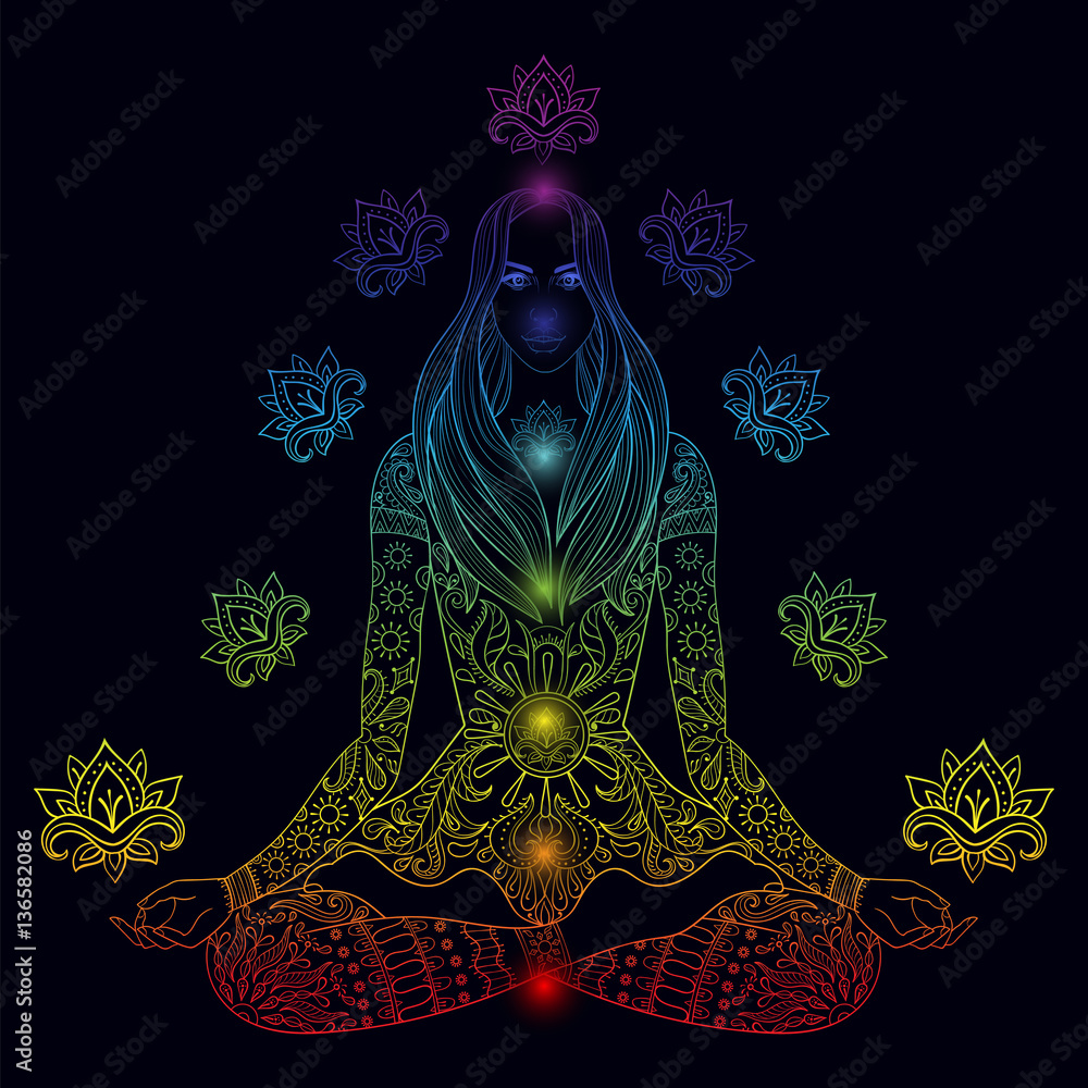 Girl sitting in lotus pose with chakras. Vector ornate boho wom Stock ...